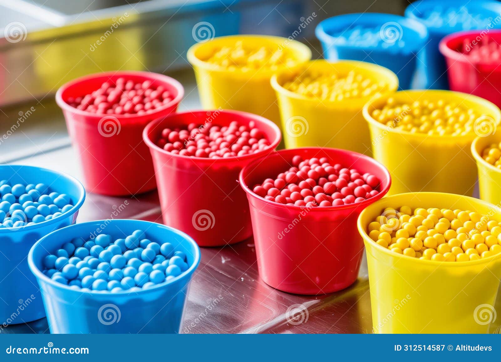 Arranged Plastic Pellets in Red, Yellow, Blue Cups on a Metal Table ...