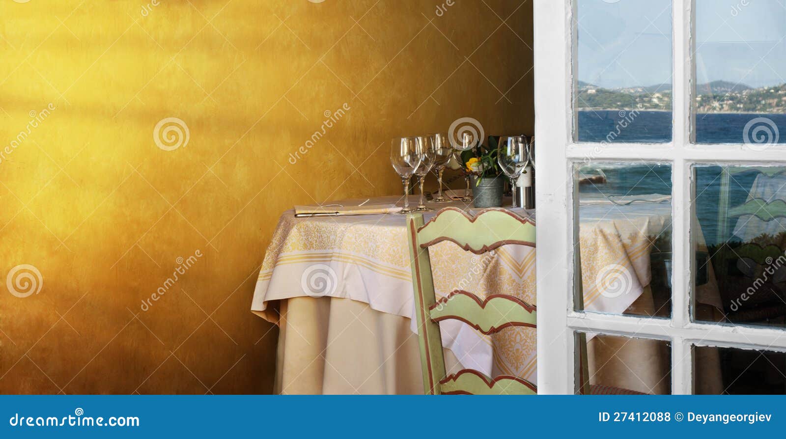 Arranged Table in a Restaurant and Open Window Stock Photo - Image of ...