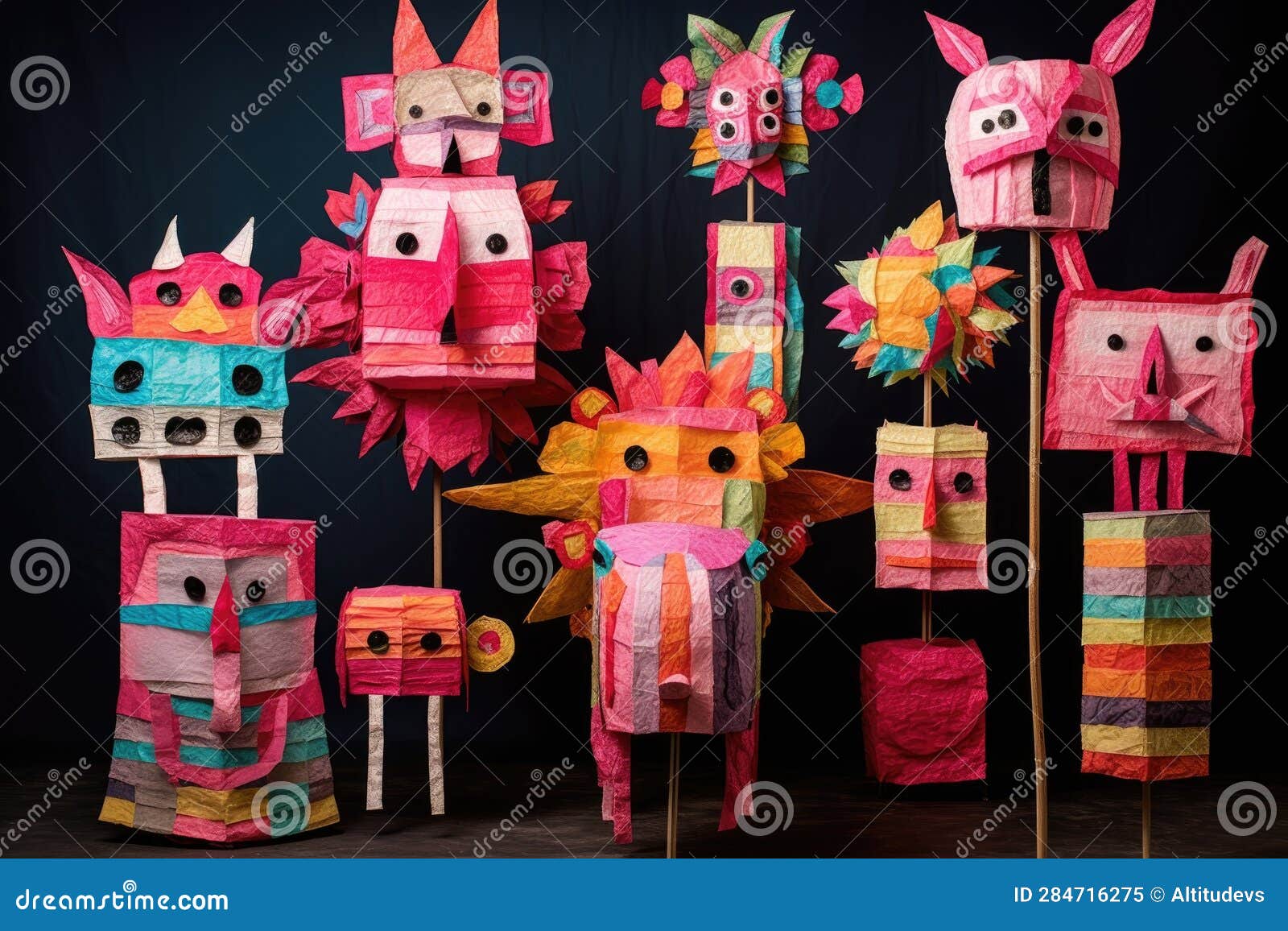 Arrangement of Finished Pinatas in Various Shapes Stock Illustration ...