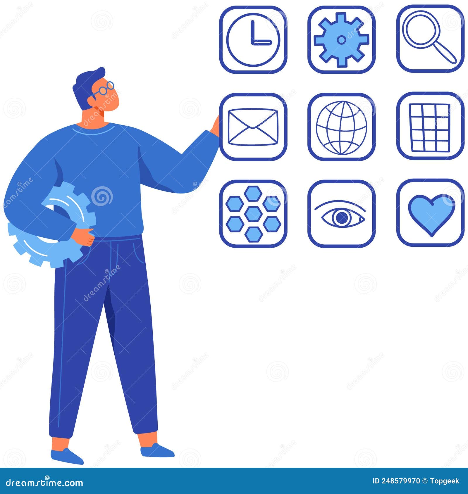 Man Looking at Computer or Smartphone Home Screen Icons. Guy Working ...