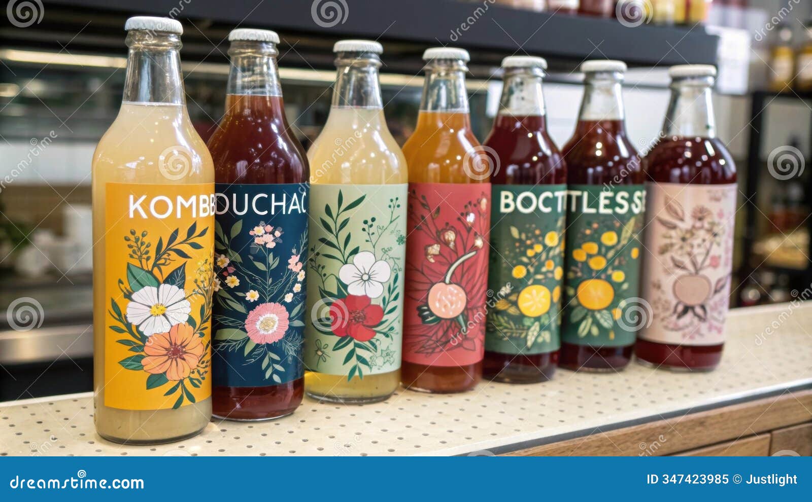 An Array of Artisanal Kombucha Bottles Lined on a Counter Each Uniquely ...