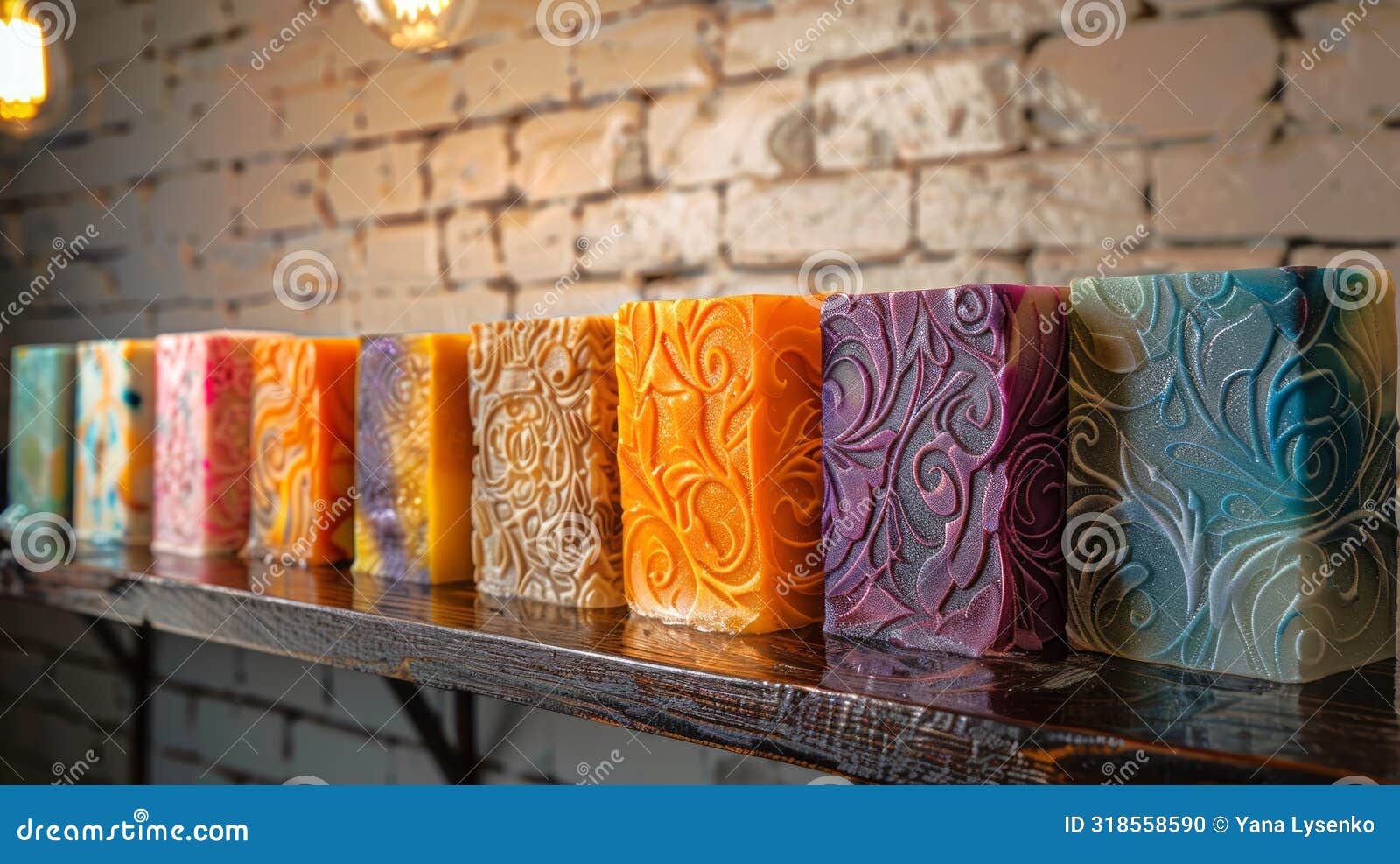Array of Artisanal Soaps Featuring Complex Designs on a White Brick ...