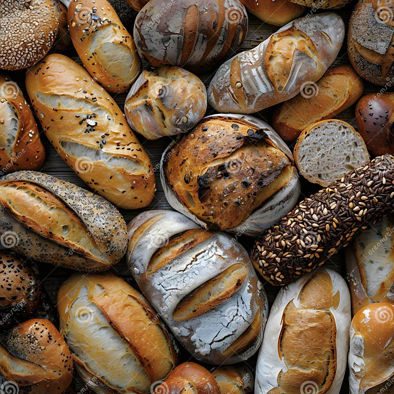 An Array of Assorted Bread Varieties Displayed on a Wooden Table Stock ...