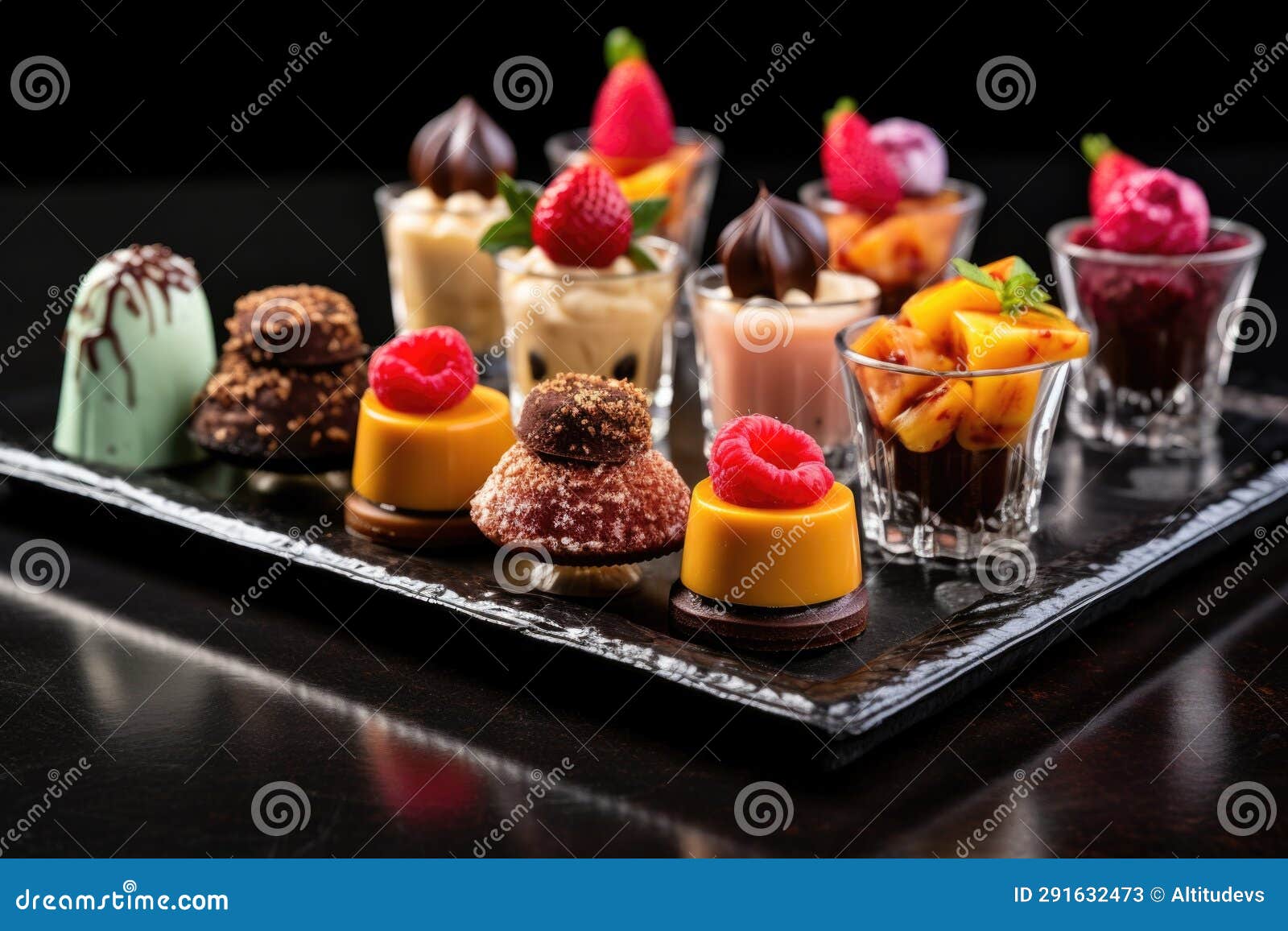 Array of Bite-sized Desserts Lined Up on a Glossy Serving Tray Stock ...