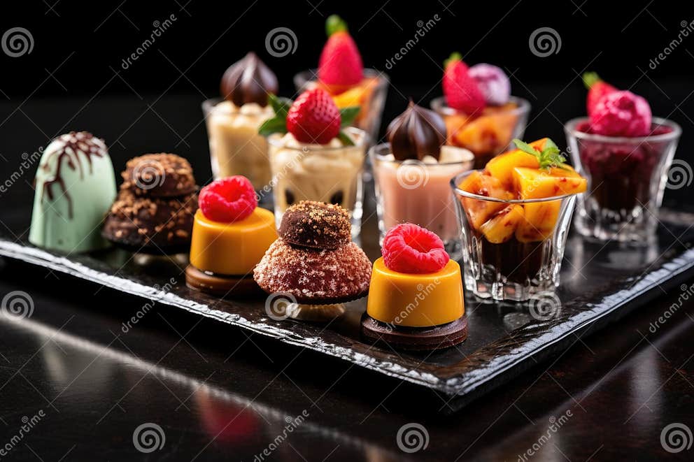 Array of Bite-sized Desserts Lined Up on a Glossy Serving Tray Stock ...