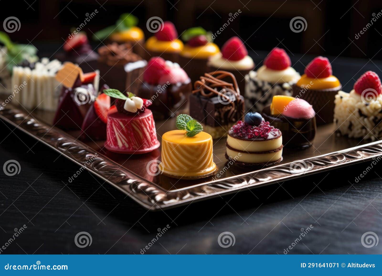Array of Bite-sized Desserts Lined Up on a Glossy Serving Tray Stock ...