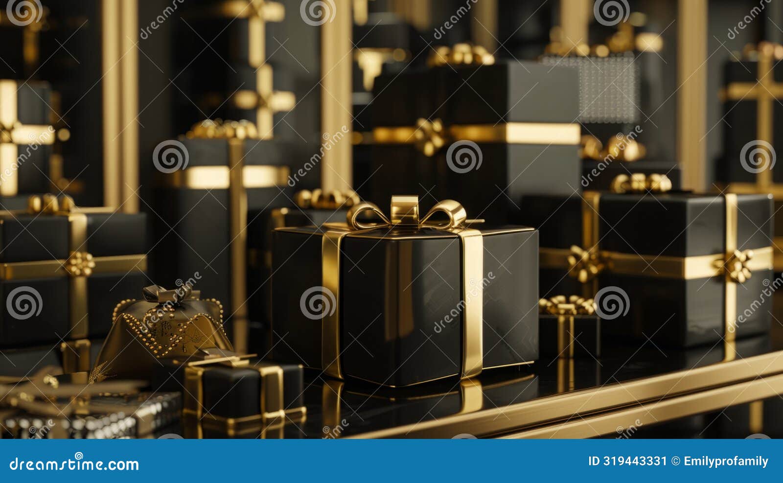 Array of Black and Gold Presents on Shelf Stock Image - Image of ...