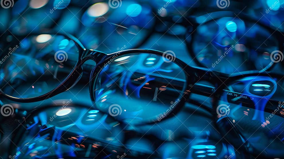 Array of Blue Glasses with Reflections and Light Effects Stock Photo ...