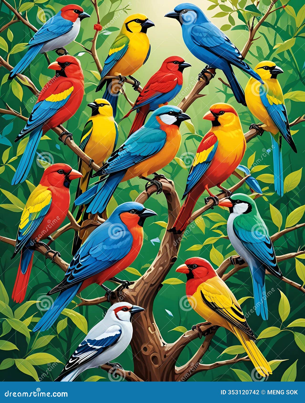 An Array of Brightly Colored Birds Sit Together in a Lush Tree ...