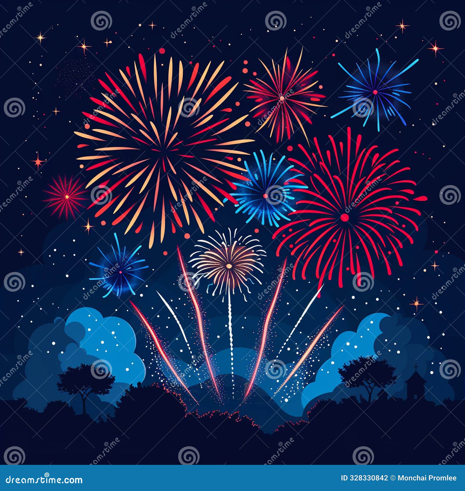 An Array of Colorful Fireworks Explodes in a Starry Night Sky, Creating ...