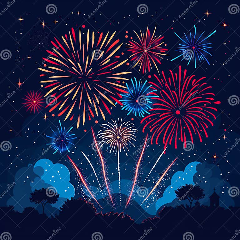 An Array of Colorful Fireworks Explodes in a Starry Night Sky, Creating ...