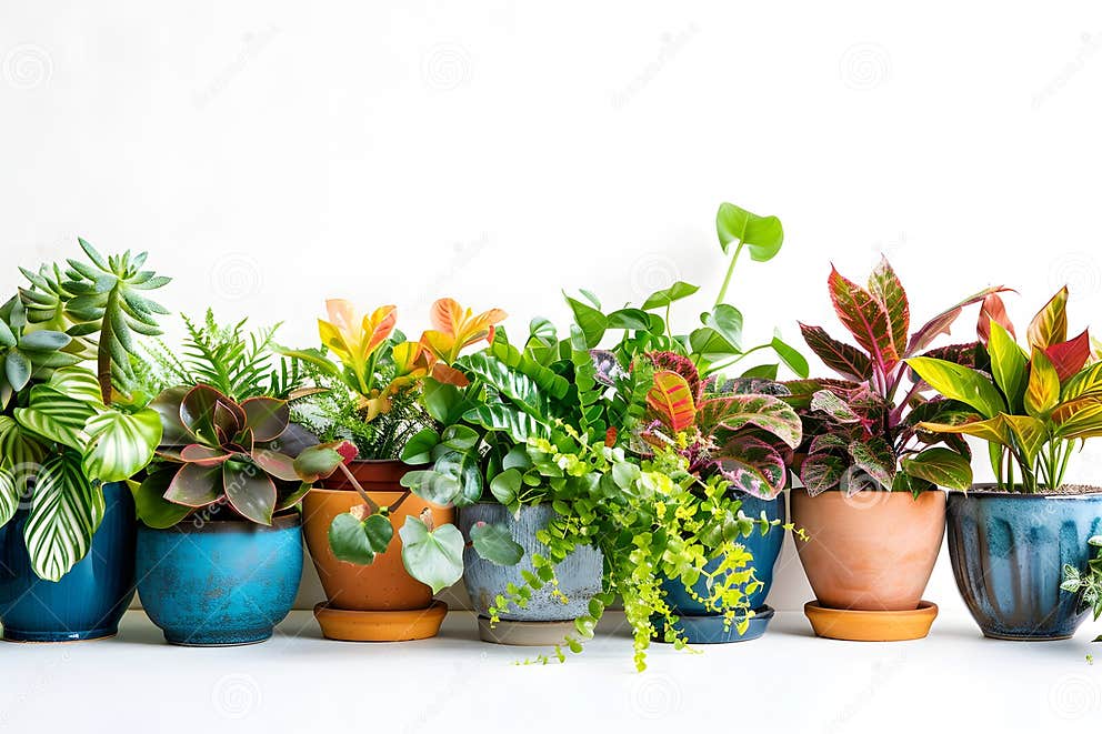 Array of Colorful Houseplants in Pots on a White Background, Text Space ...