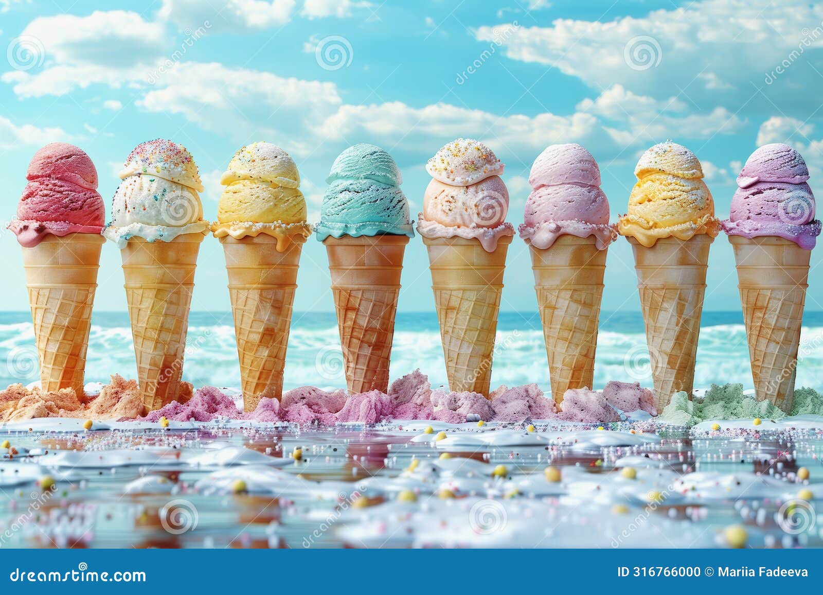 Array of Colorful Ice Cream Cones Lined Up on a Beach, Ideal for Summer ...
