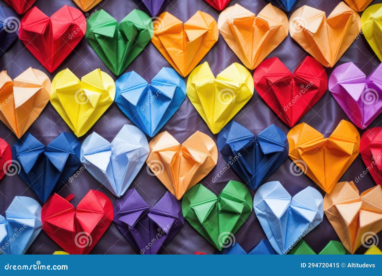 An Array of Colorful Origami Hearts Arranged in a Rainbow Pattern Stock ...