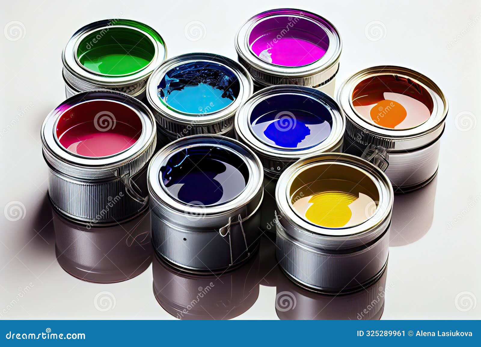 An Array of Colorful Paint Cans Set on a Shiny Reflective Surface Stock ...