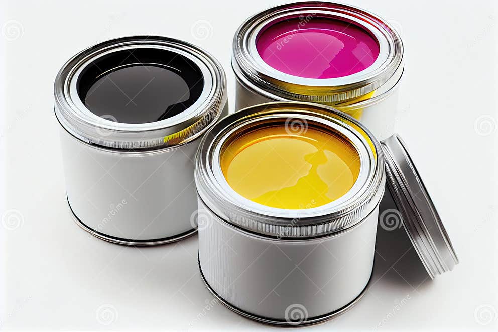 An Array of Colorful Paint Cans Set on a Shiny Reflective Surface Stock ...