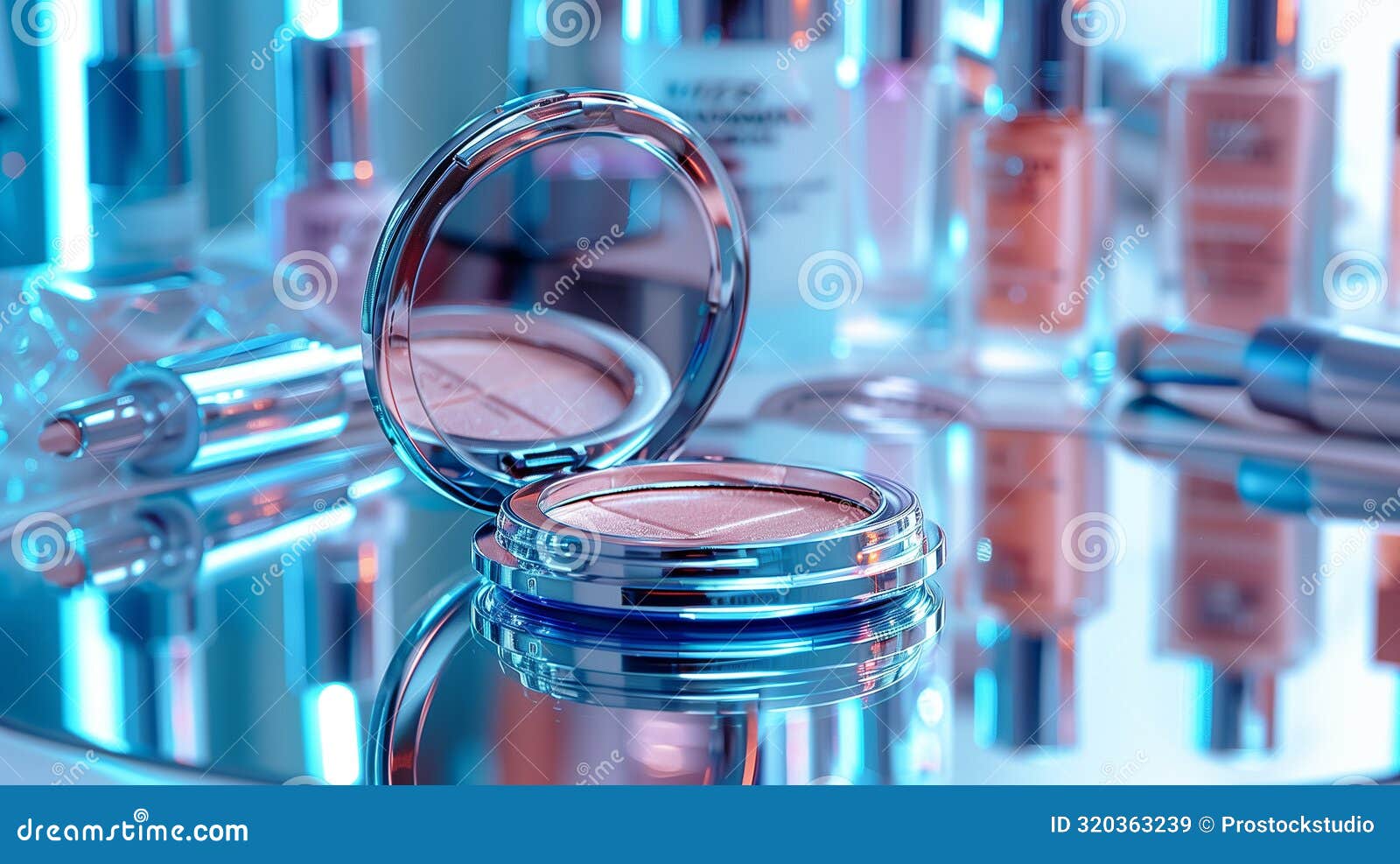 Array of Cosmetic Products on a Reflective Surface in a Modern Studio ...