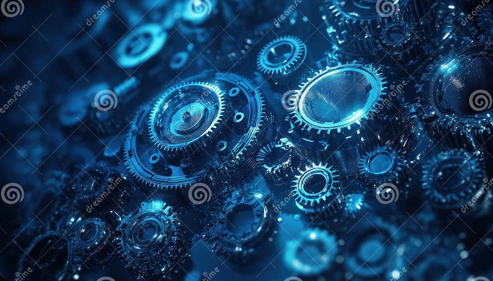 Close-up of Intricate Blue Gears and Cogs in a Mechanical Assembly ...
