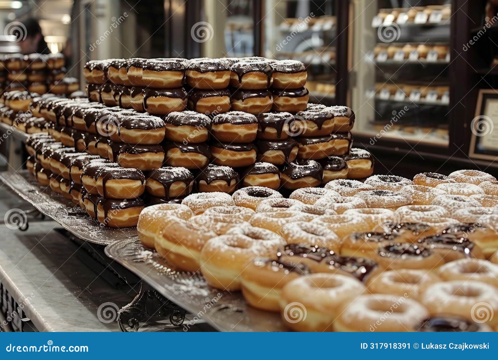 Array of Donuts on Display in Bakery. Generative AI Stock Illustration ...