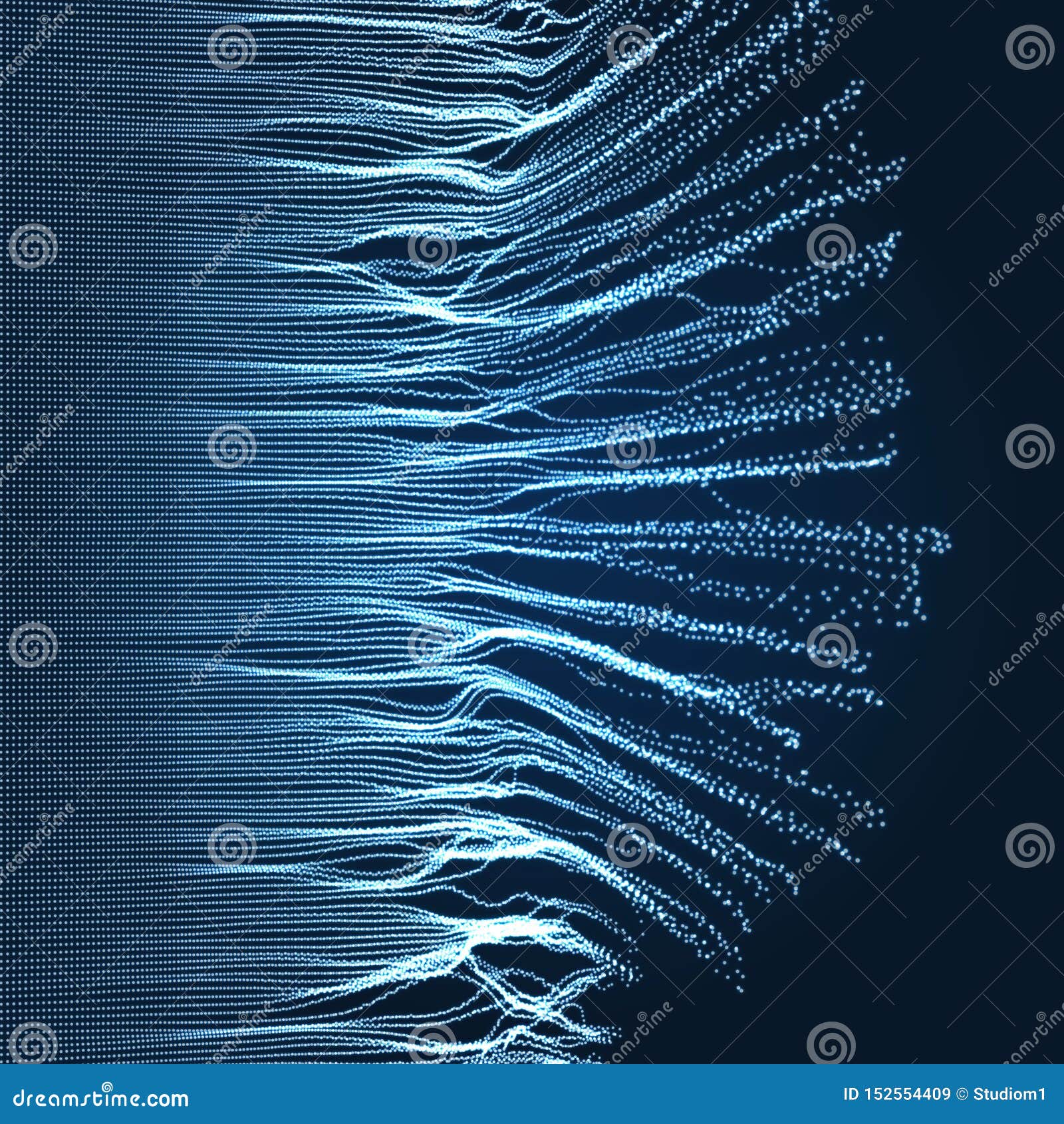 Array with Dynamic Emitted Particles. 3D Technology Style. a Glowing Grid. Abstract Background ...