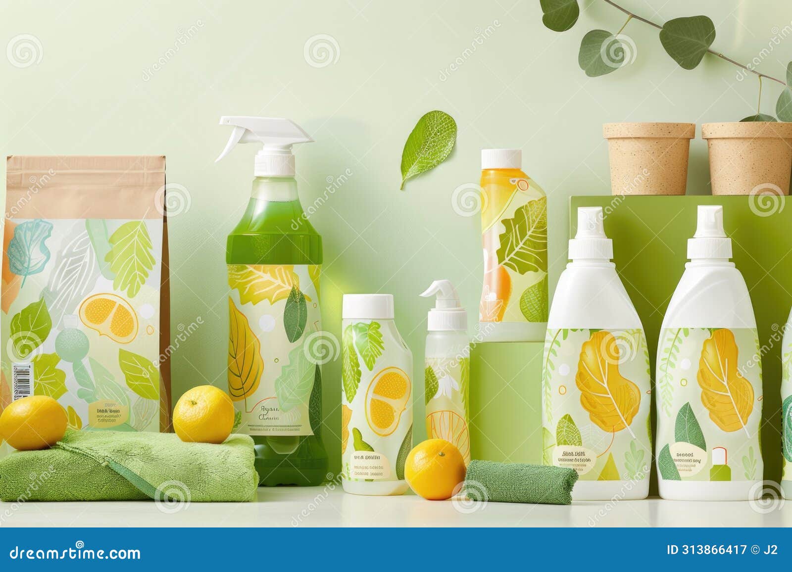 Array of Eco-Friendly Cleaning Supplies with Citrus Elements on Light ...