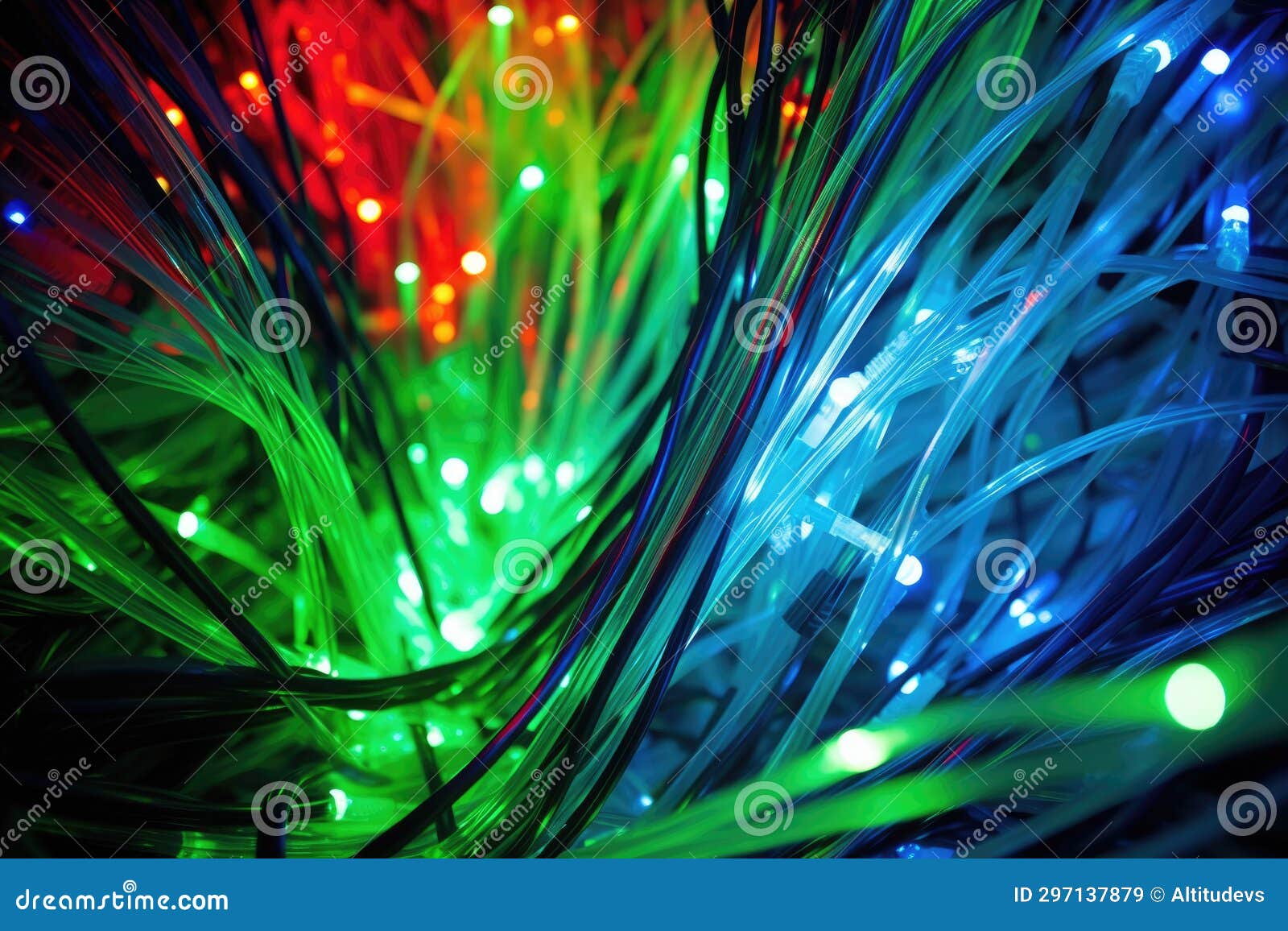 An Array of Fiber Optic Cables Glowing Green, Blue, and Red Stock Image ...