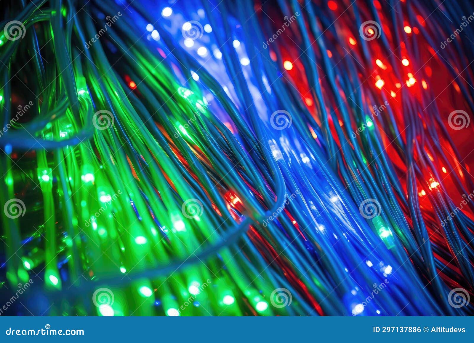 An Array of Fiber Optic Cables Glowing Green, Blue, and Red Stock Photo ...