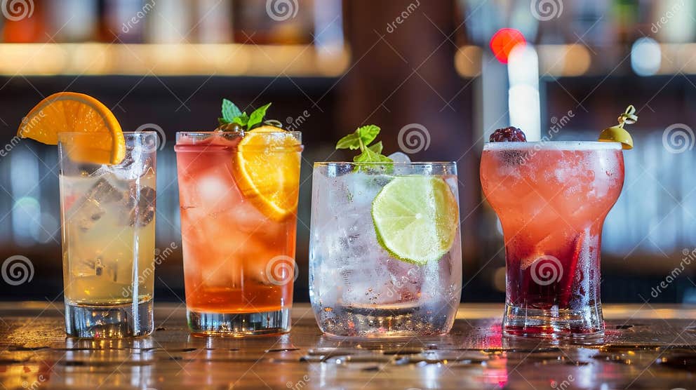 Array of Four Different Drinks on Bar Counter Stock Image - Image of ...