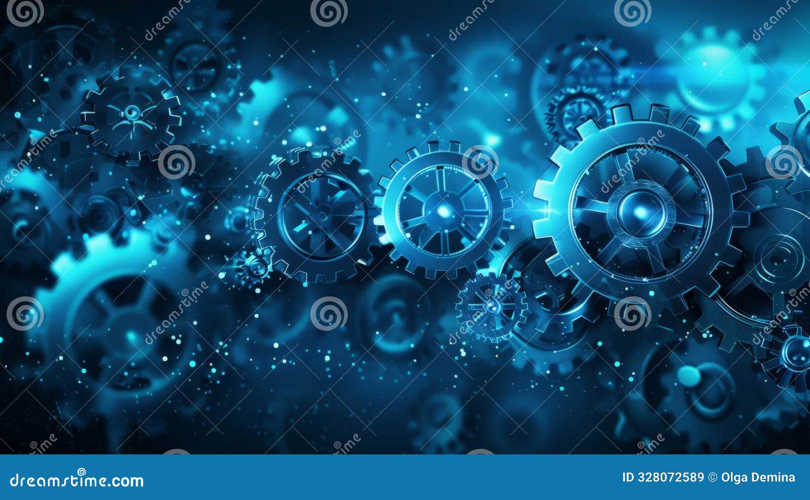 Array of Glowing Blue Gears in a Dynamic Mechanical System. Represents ...
