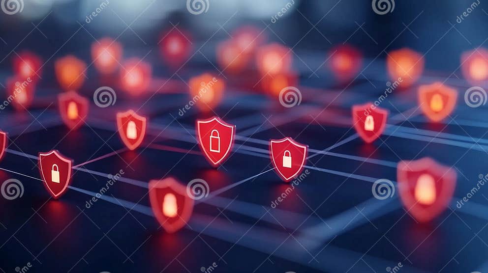Array of Glowing Red Shield Icons Interconnected on a Digital Black ...