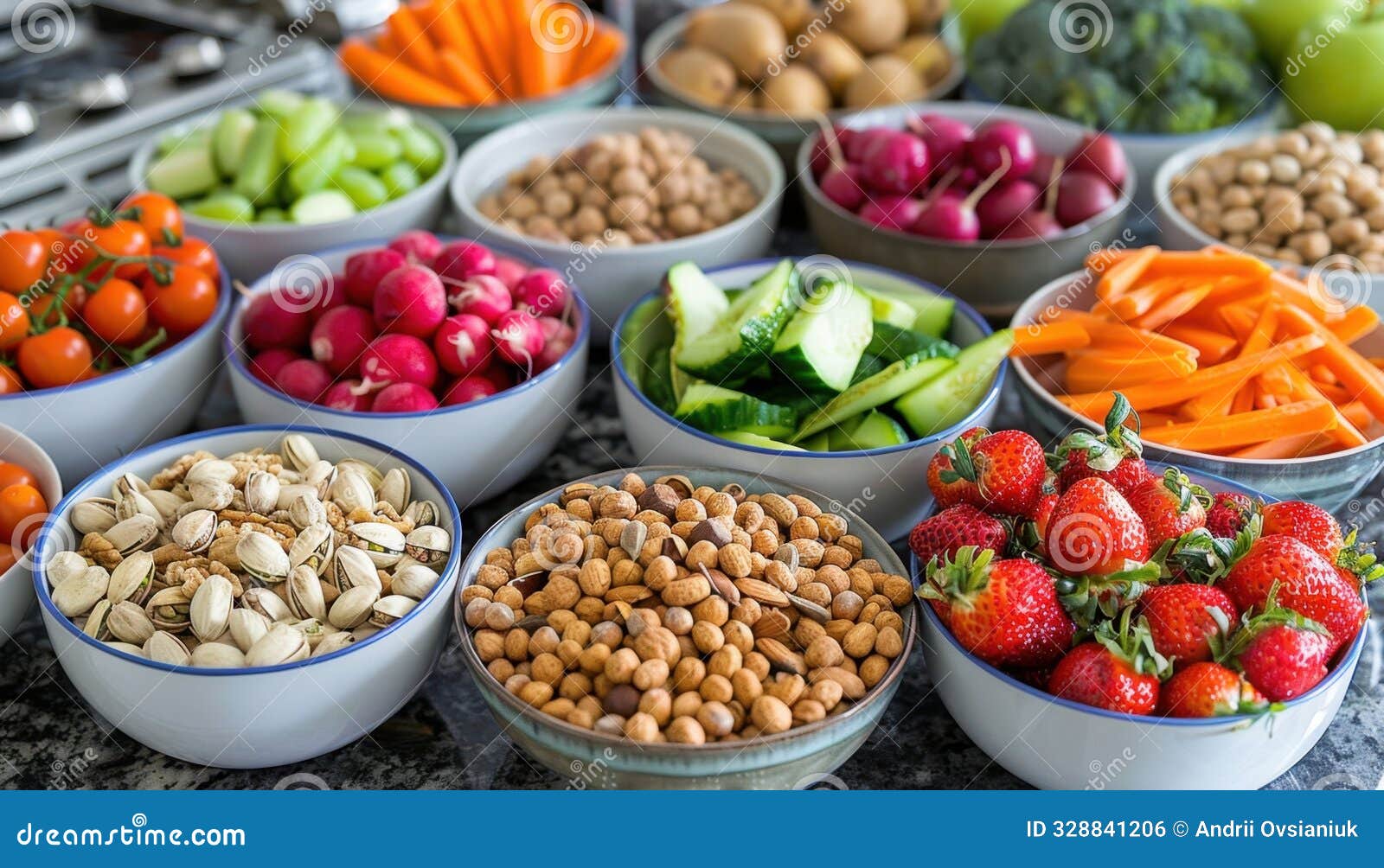 An Array of Healthy Snacks in White Bowls on a Kitchen Countertop Stock ...