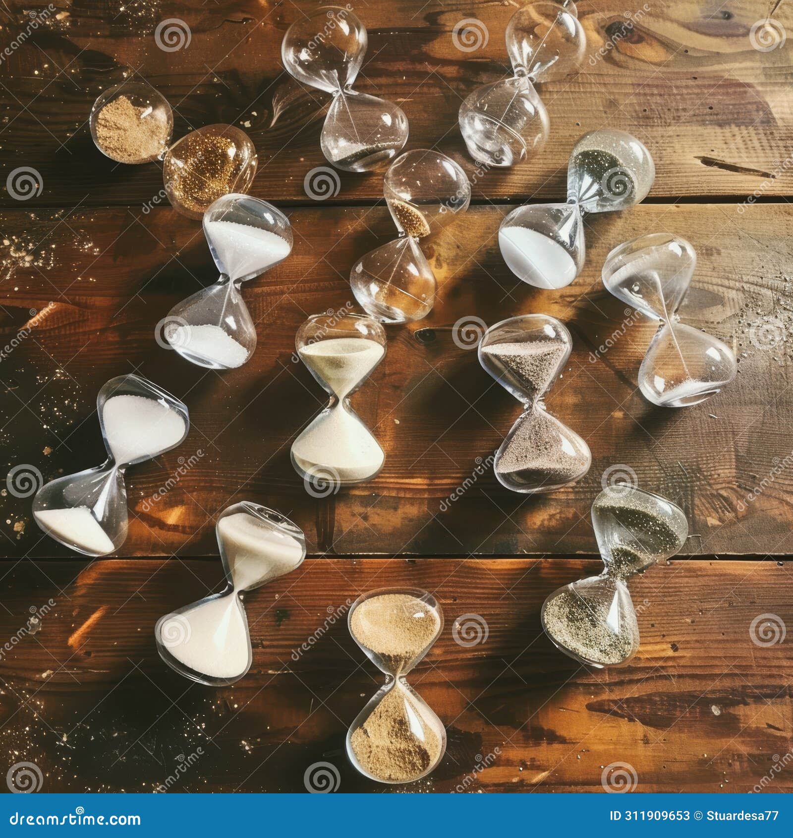 Array of Hourglasses on Wooden Table Stock Image - Image of diversity ...