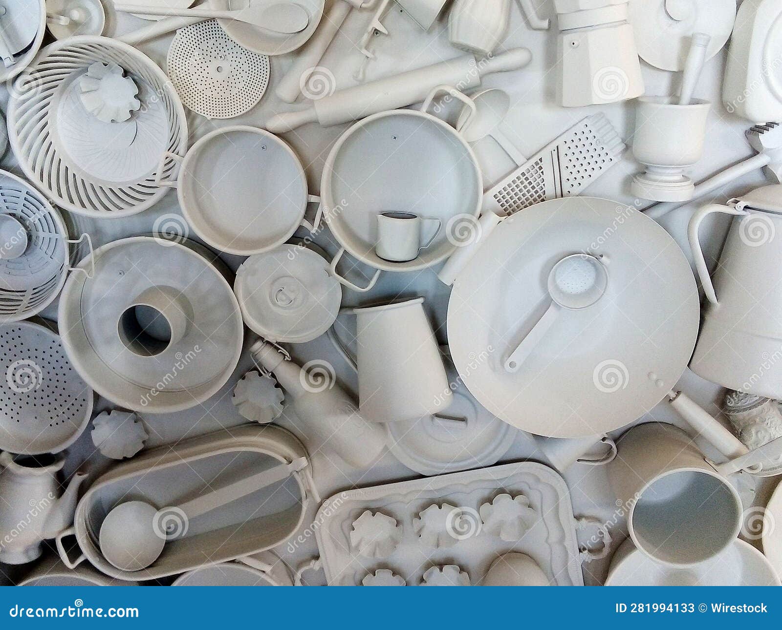 Array of Kitchen Utensils Painted in White. Stock Image - Image of ...