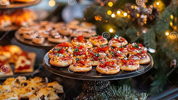 An Array of Mini Pizzas with Creative Toppings, Displayed on a Festive ...