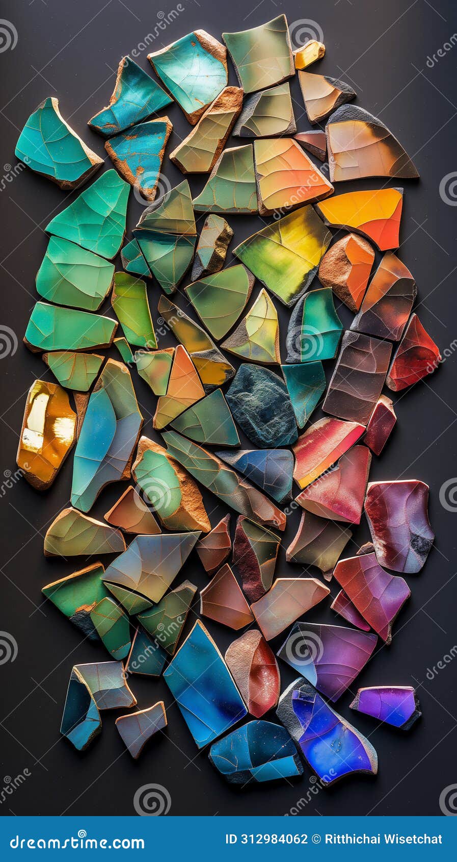 An Array of Multicolored, Fragmented Ceramic Pieces, Artistically ...