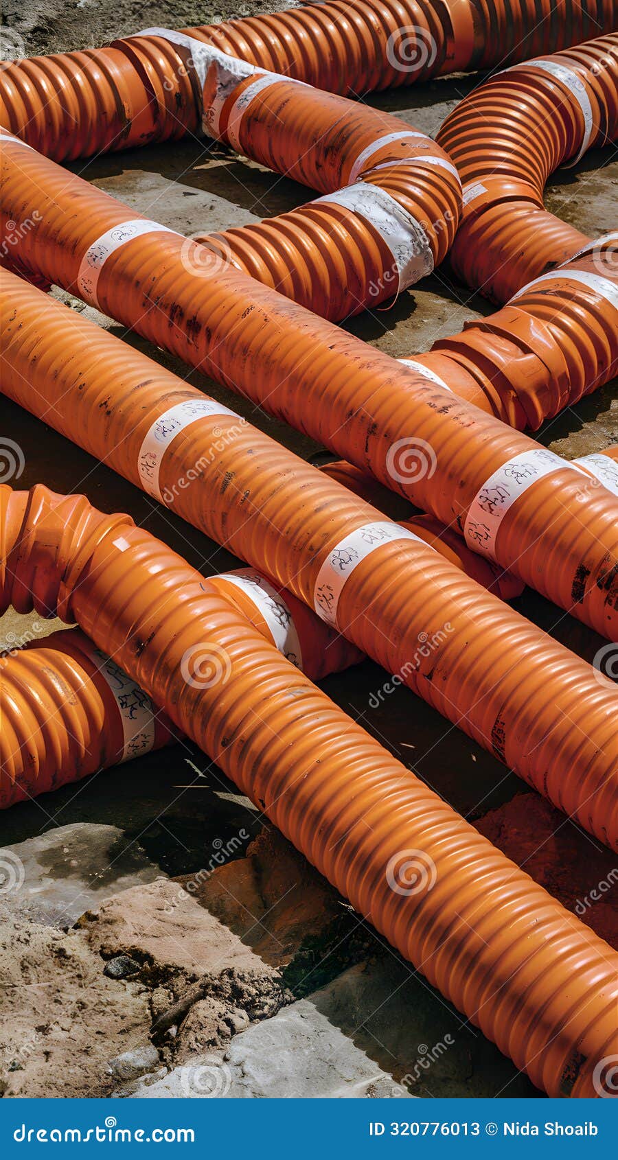 Array of Orange Pipes Linked by White Tape, Laying on Concrete Ground ...