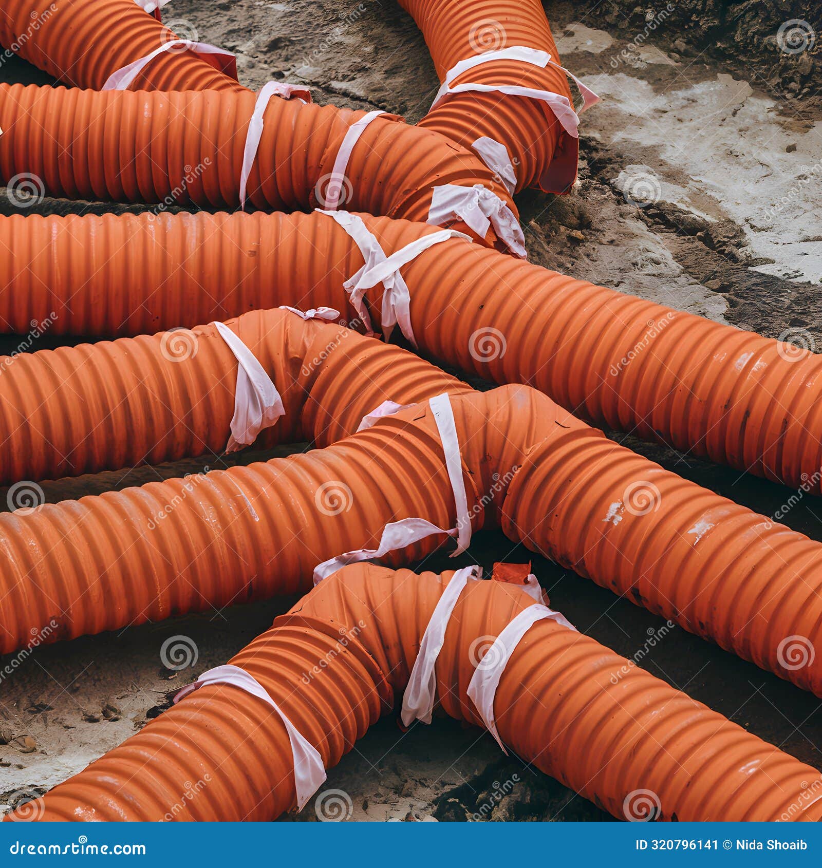 Array of Orange Pipes Linked by White Tape, Laying on Concrete Ground ...