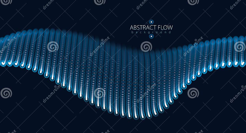 Array of Particles Flowing, Dynamic Sound Wave. 3d Vector Illustration. Mesh of Glowing Dots ...