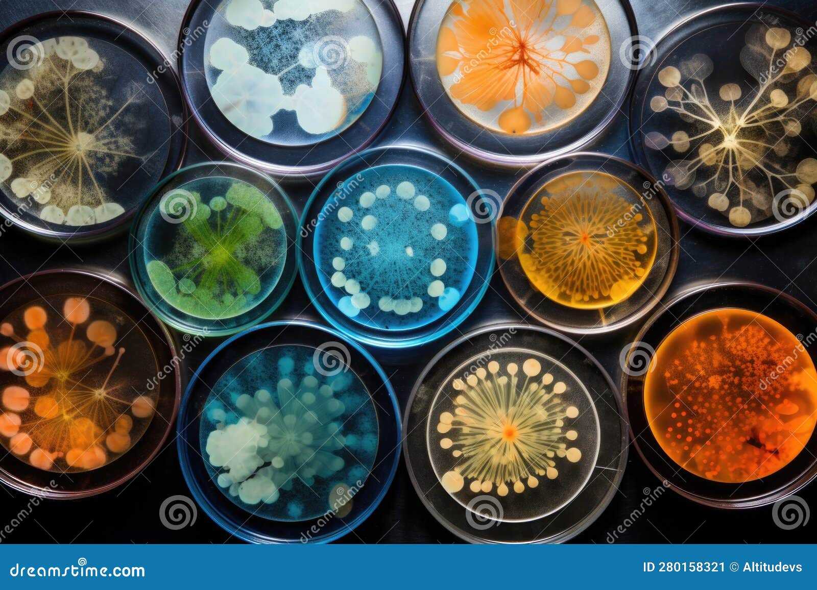 Array of Petri Dishes, Each One Showcasing a Different Microbe and Its ...