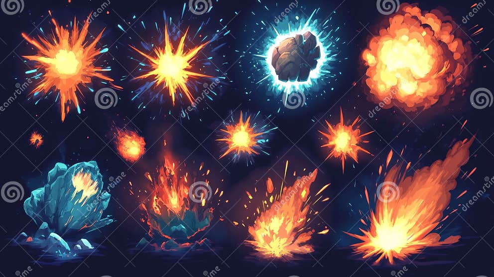 Array of Pixelated Fire Explosions on Dark Background Generative Graphic Stock Illustration ...