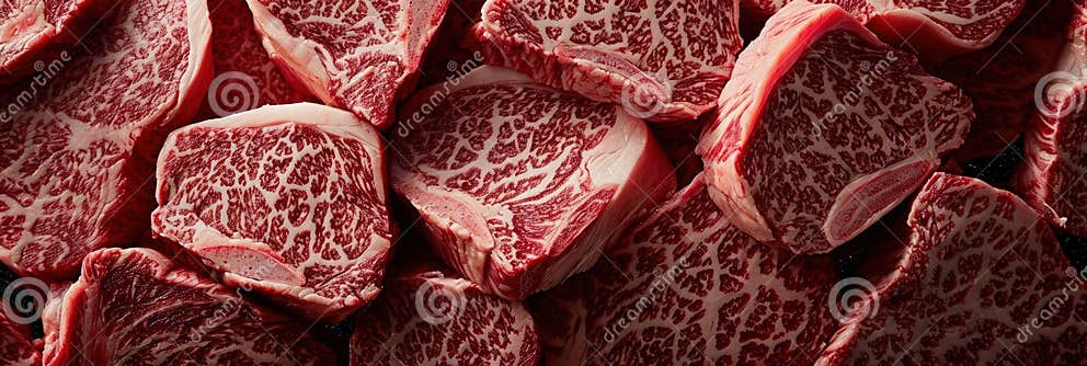 Array of Premium Wagyu Beef Slices with Intense Marbling, on a Dark ...