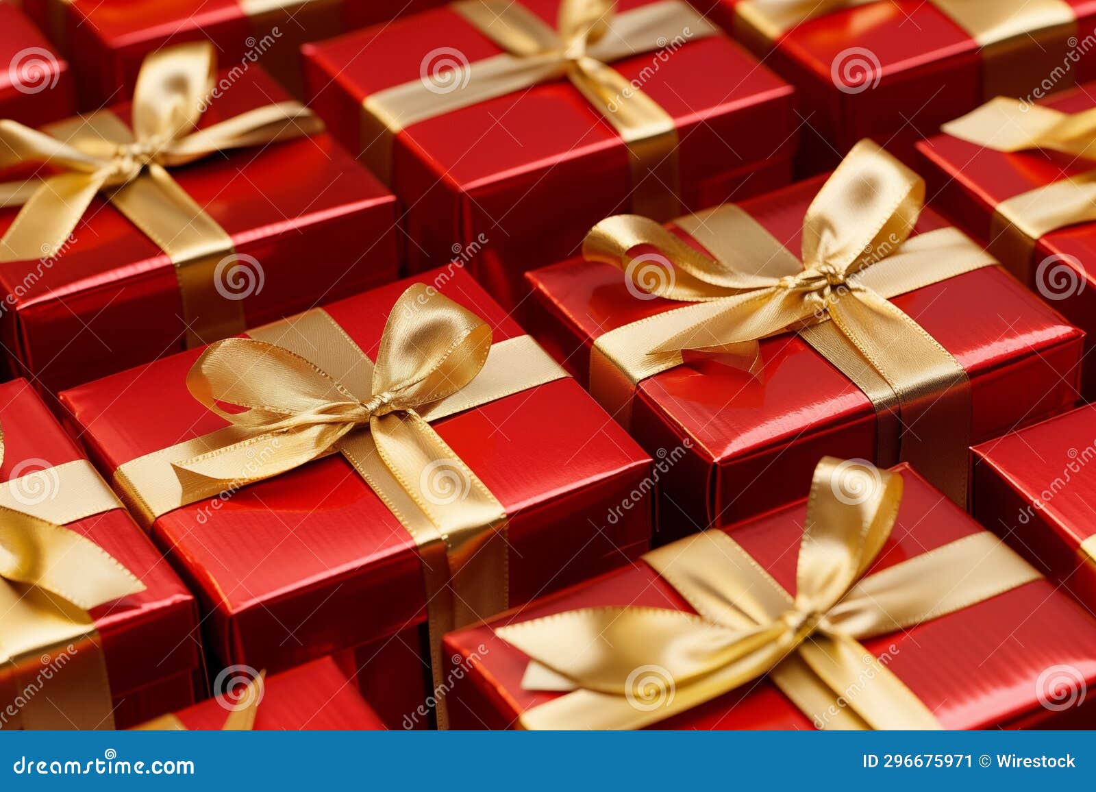 Array of Red Present Boxes Lined Up in Neat Rows with a Gold Ribbon ...