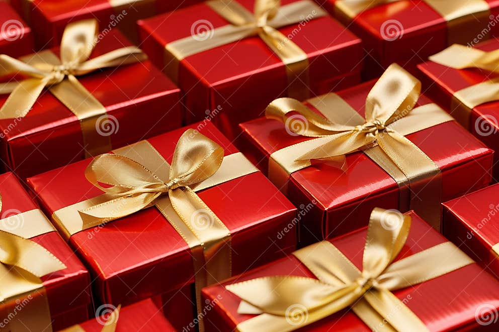 Array of Red Present Boxes Lined Up in Neat Rows with a Gold Ribbon ...