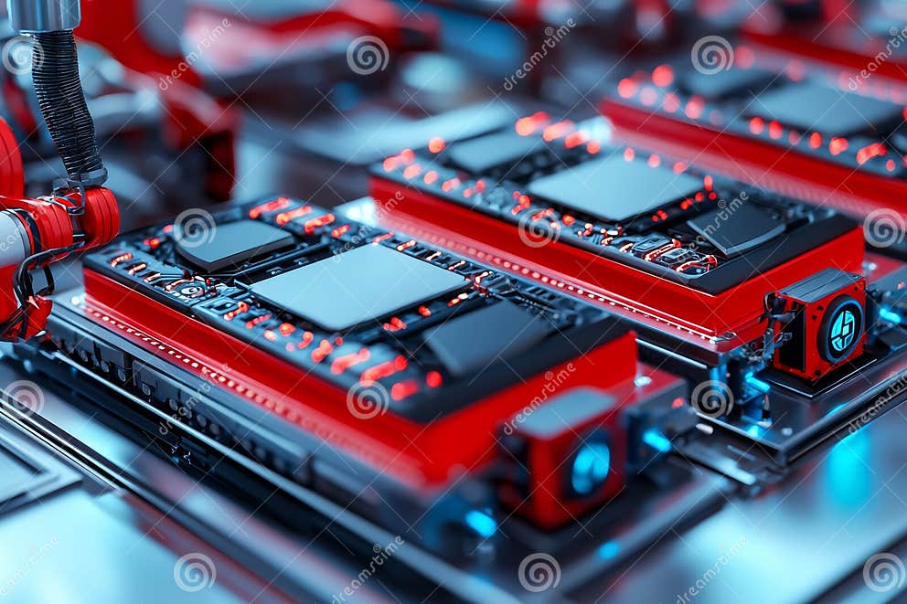 Array of Robots Assembling Battery Cells for Electric Cars Stock Image ...
