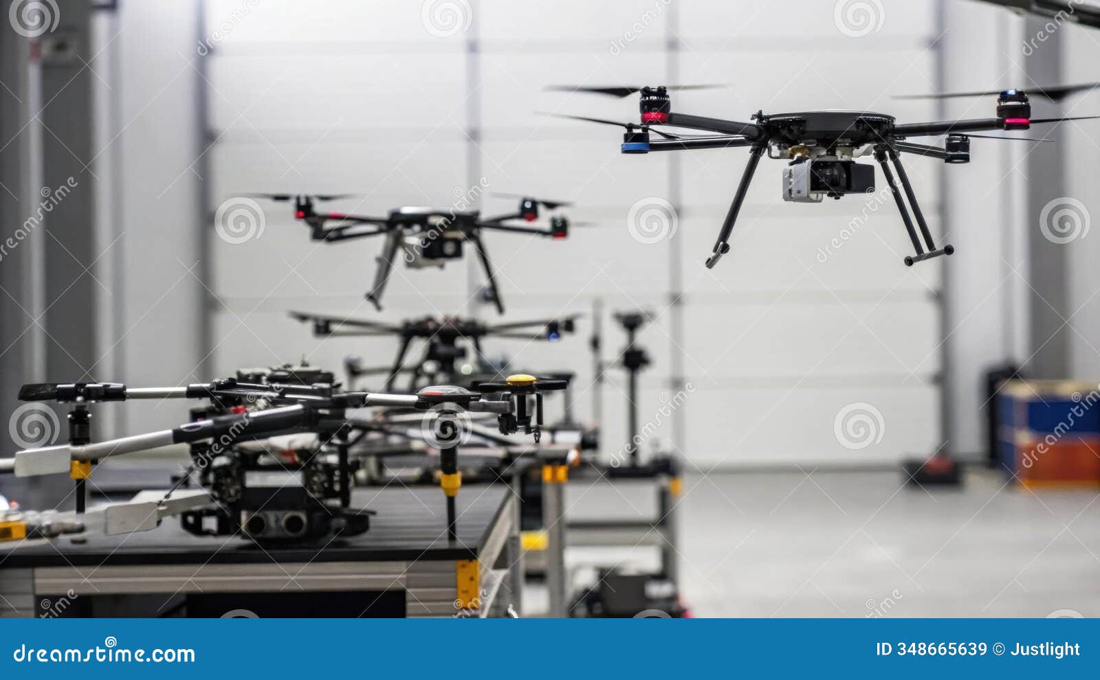 An Array of Small Drones Hovering Around a Workstation Conducting ...