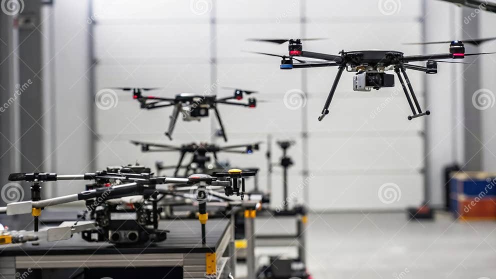 An Array of Small Drones Hovering Around a Workstation Conducting Visual Inspections of Large ...