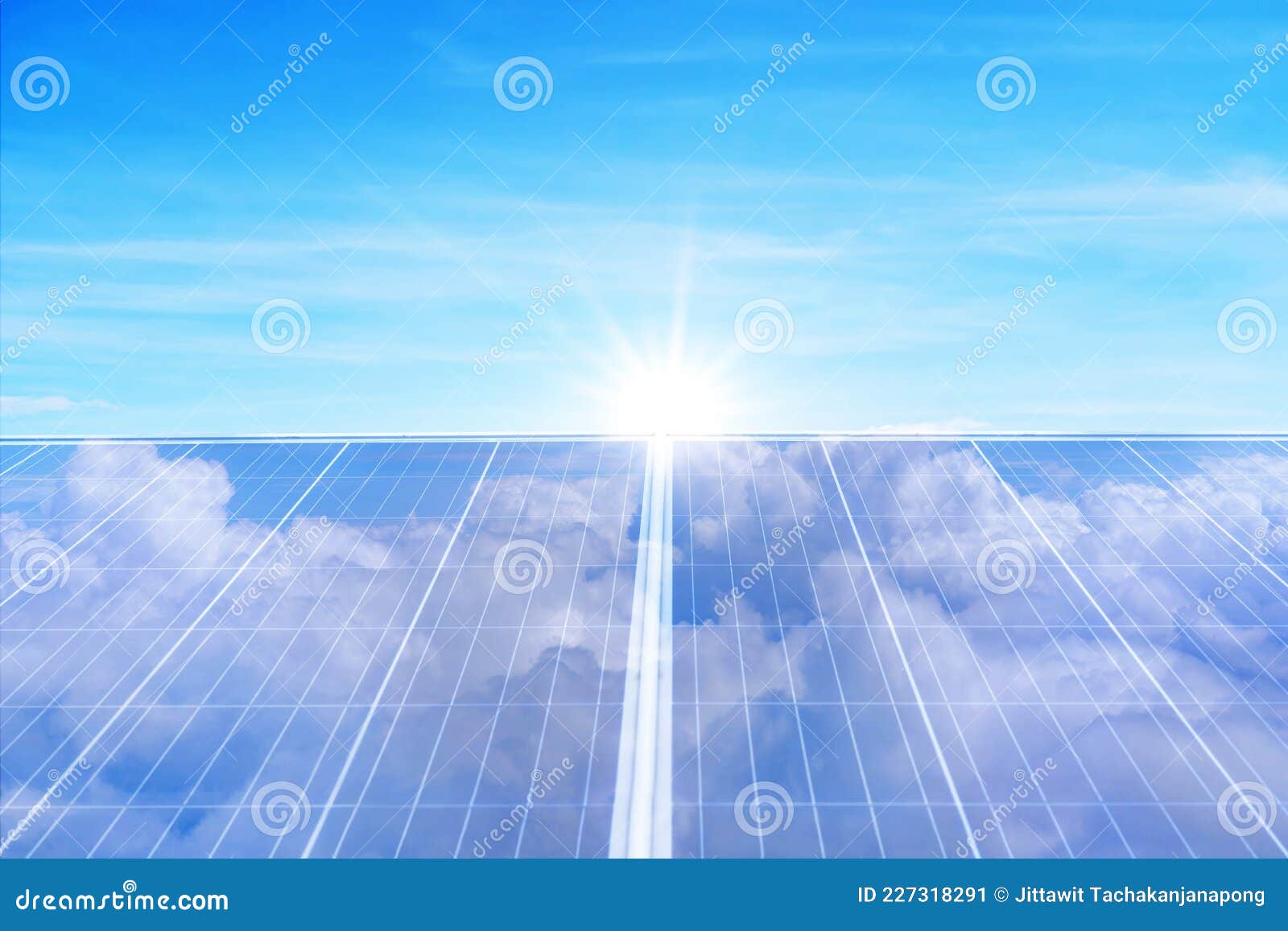 Array of Solar Panels with Blue Sky and Sunlight Reflection Stock Image ...