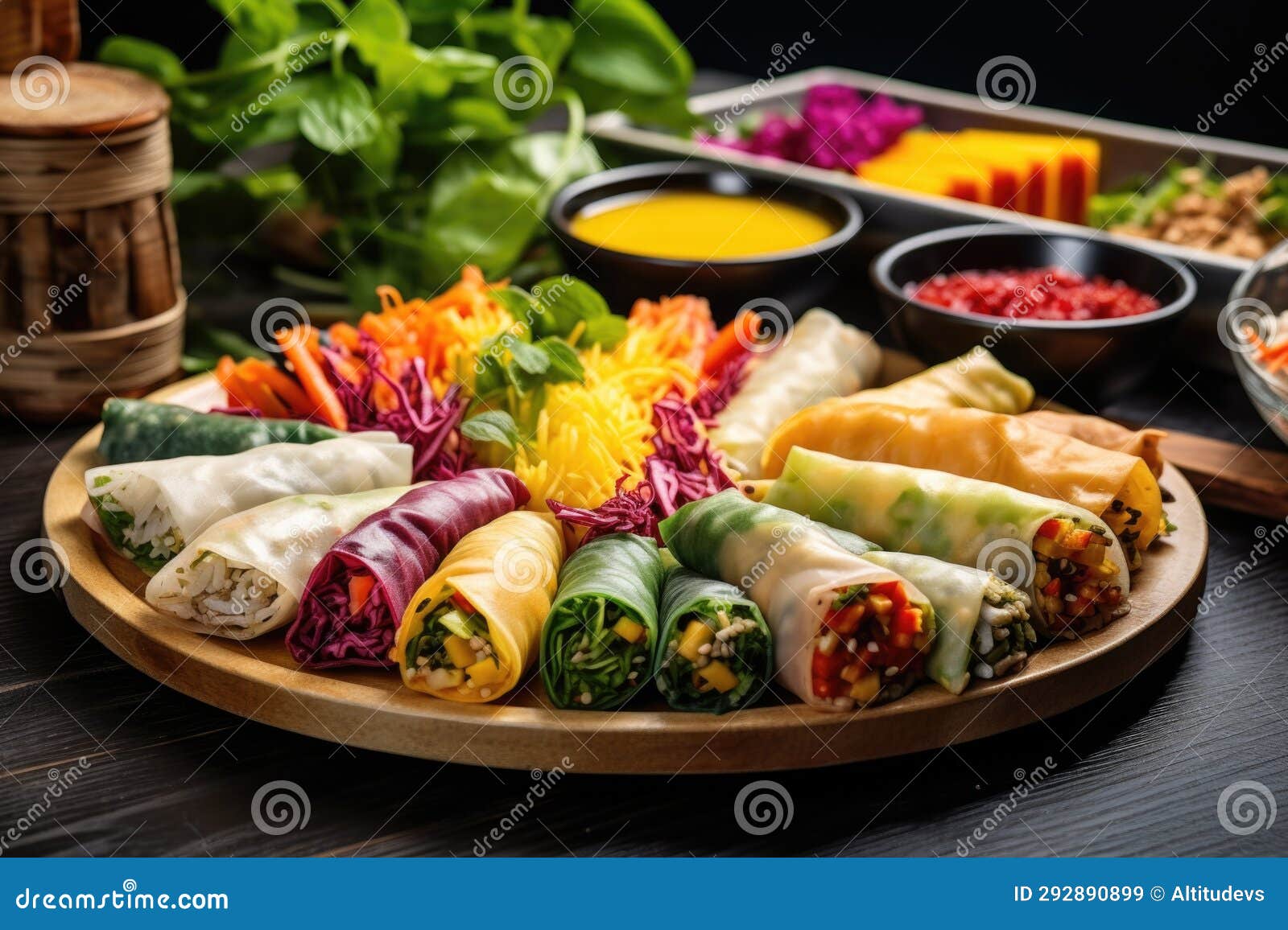An Array of Spring Rolls with Different Fillings on a Steel Plate Stock ...