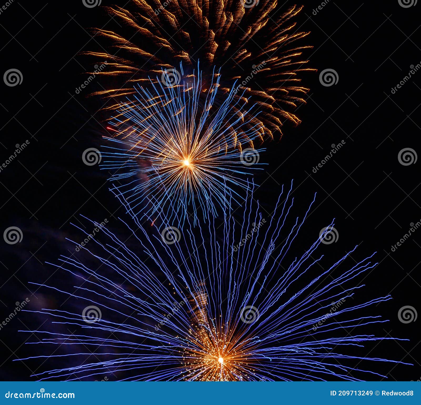 Three Vertical Fireworks Bursts Stock Image - Image of yellow, large ...