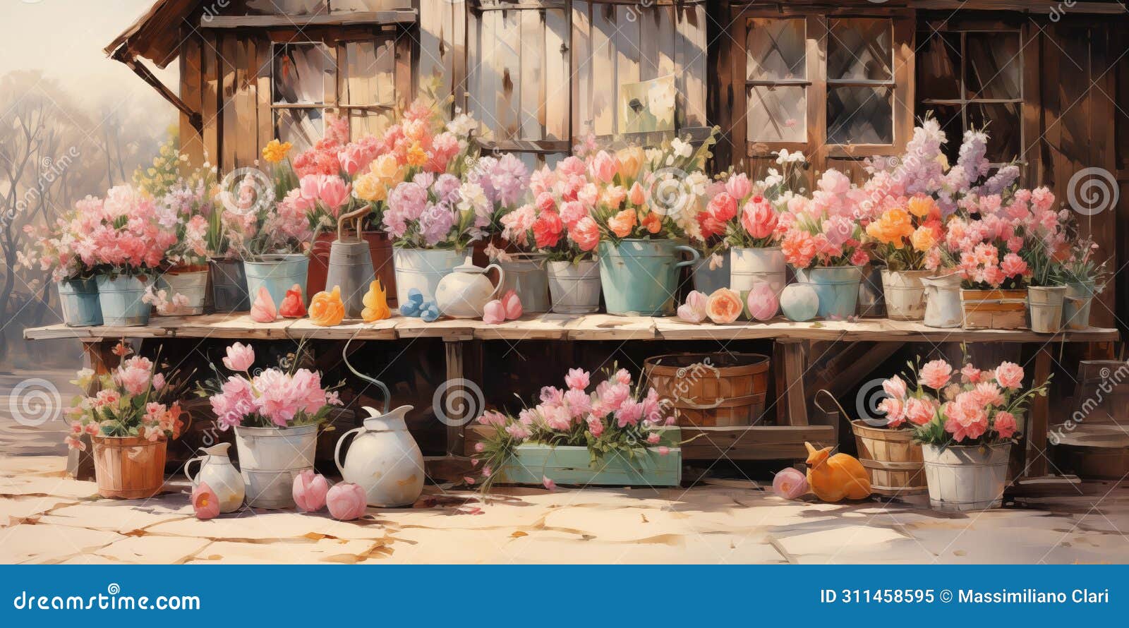 Array of Vibrant Flowers on Display at a Rustic Wooden Market Stall ...